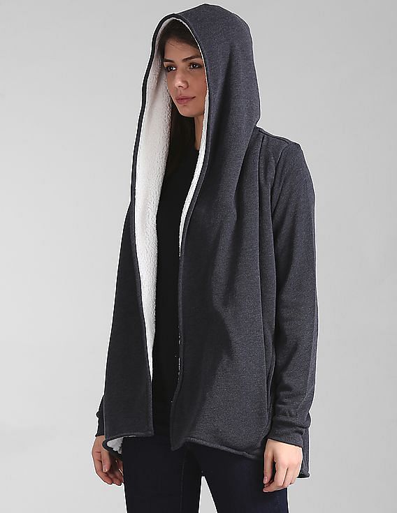 Buy GAP Women Women Black Sherpa Lined Hooded Wrap Cardigan Sweatshirt NNNOW
