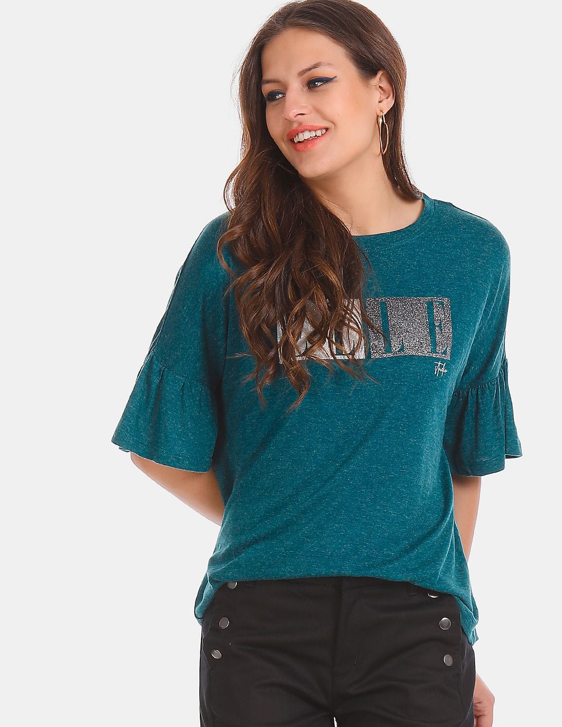 Buy Elle Studio Green Ruffle Sleeve Glitter Print Top - NNNOW.com